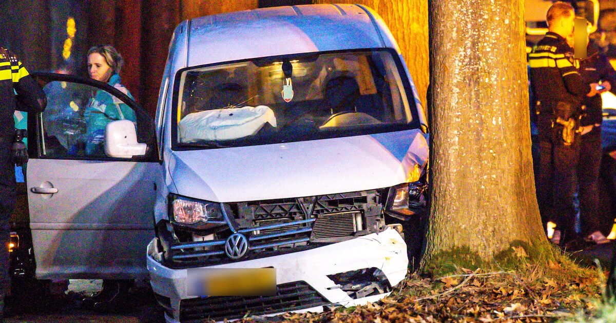 Bestelbus belandt tegen boom na botsing op de Ericasestraat in Emmen ...